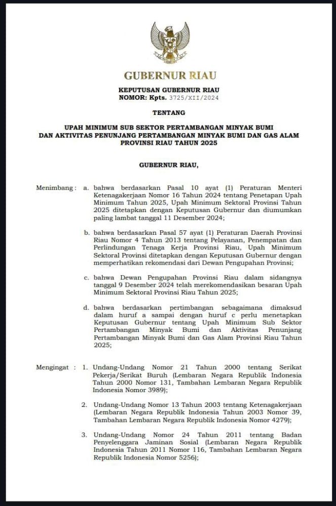 Berdasarkan Keputusan Gubernur, Pemprov Riau Umumkan UMSP Migas 2025